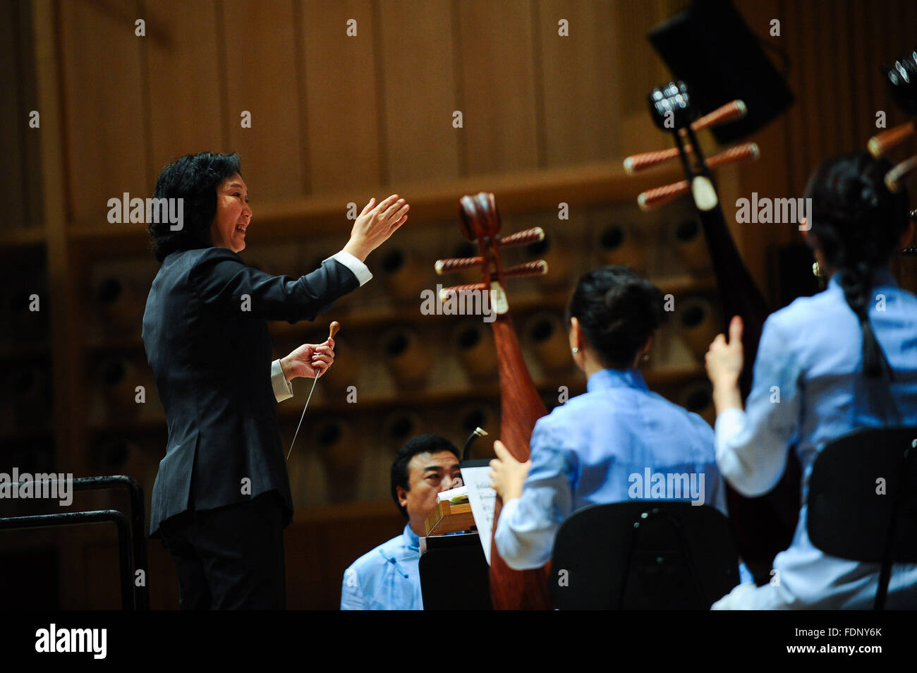 Linz, Austria. 1st Feb, 2016. Hong Xia (L), permanent conductor of the ...