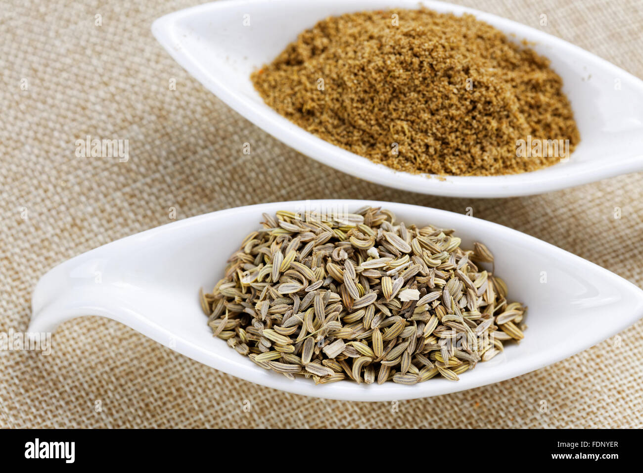 Fennel powder and seeds on texture background Stock Photo - Alamy