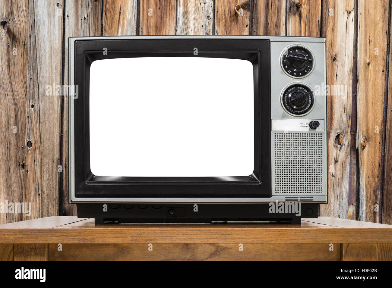 Analog television with cut out screen and rustic wood wall Stock Photo ...