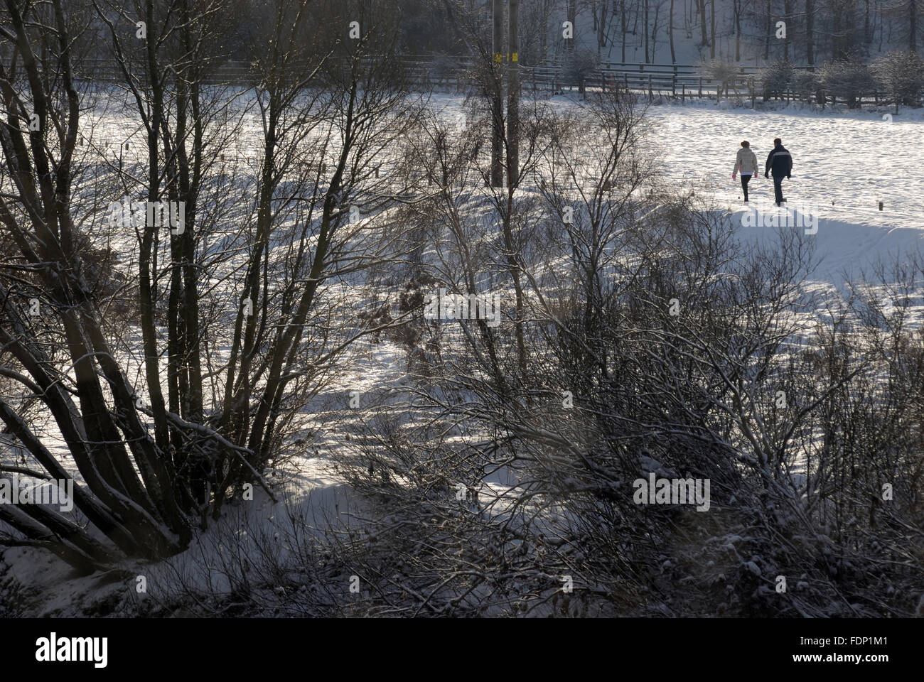 Two people walking through a Snowy scene Stock Photo - Alamy