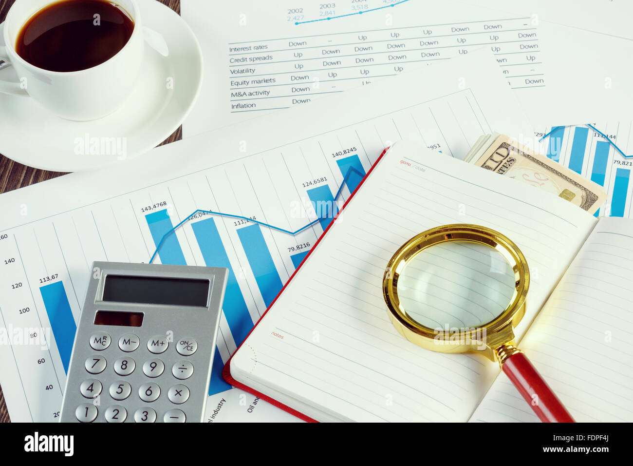 financial charts and graphs and a cup of coffee Stock Photo - Alamy