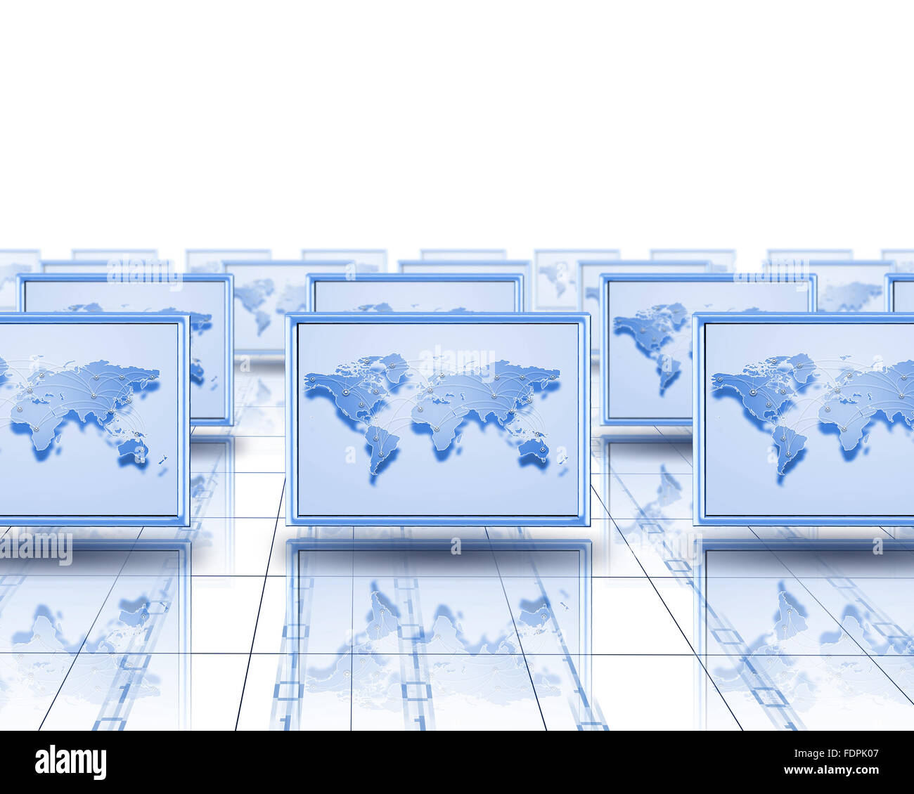 Computer screens with an image of the world on them> Stock Photo - Alamy