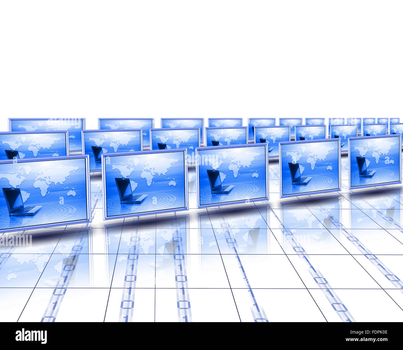 Computer screens with an image of the world on them> Stock Photo - Alamy