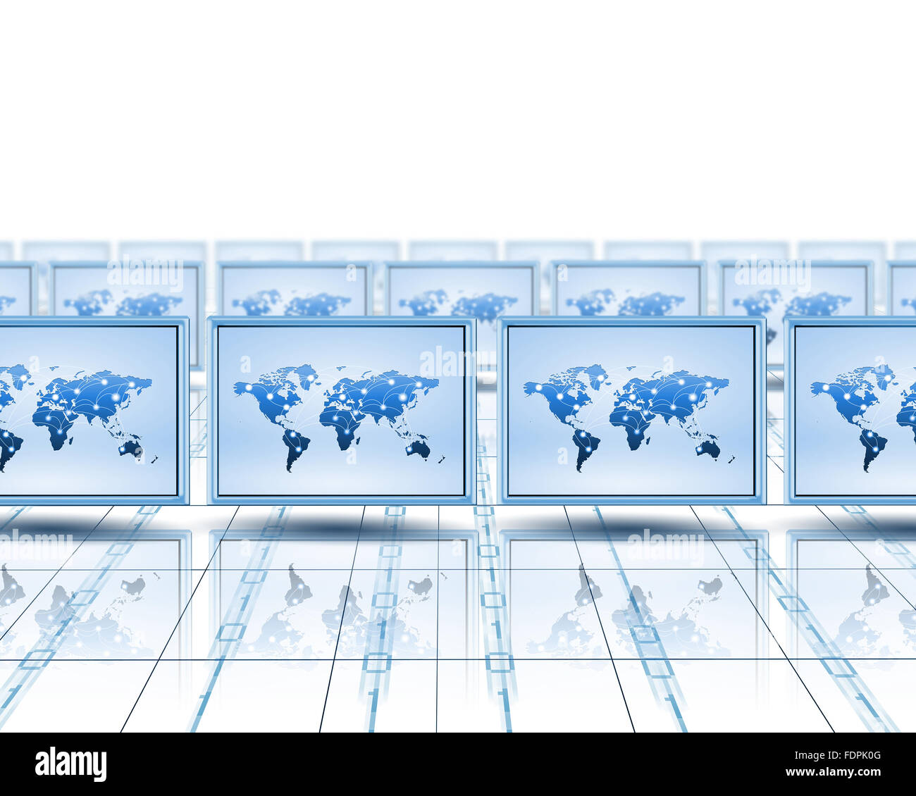 Computer screens with an image of the world on them> Stock Photo - Alamy