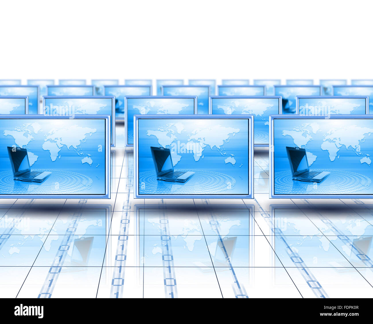 Computer screens with an image of the world on them> Stock Photo - Alamy