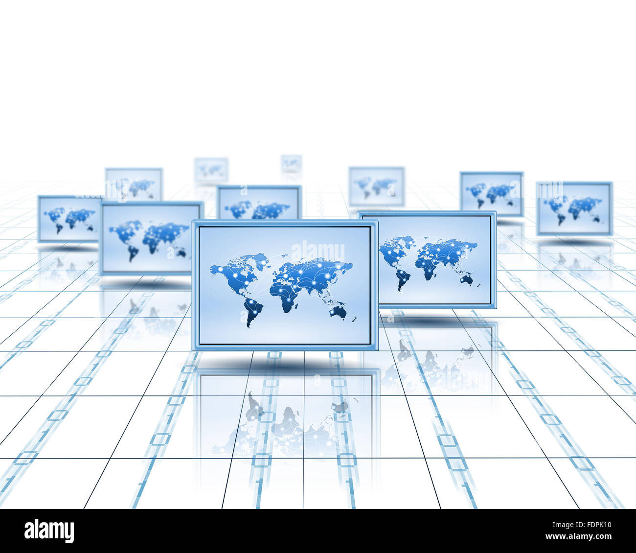 Computer screens with an image of the world on them> Stock Photo - Alamy