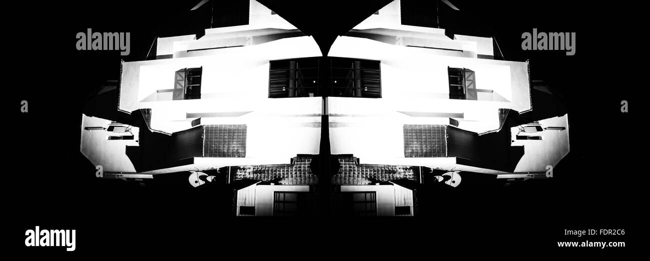 Monochrome black and white image of a modern building with acute angles ...