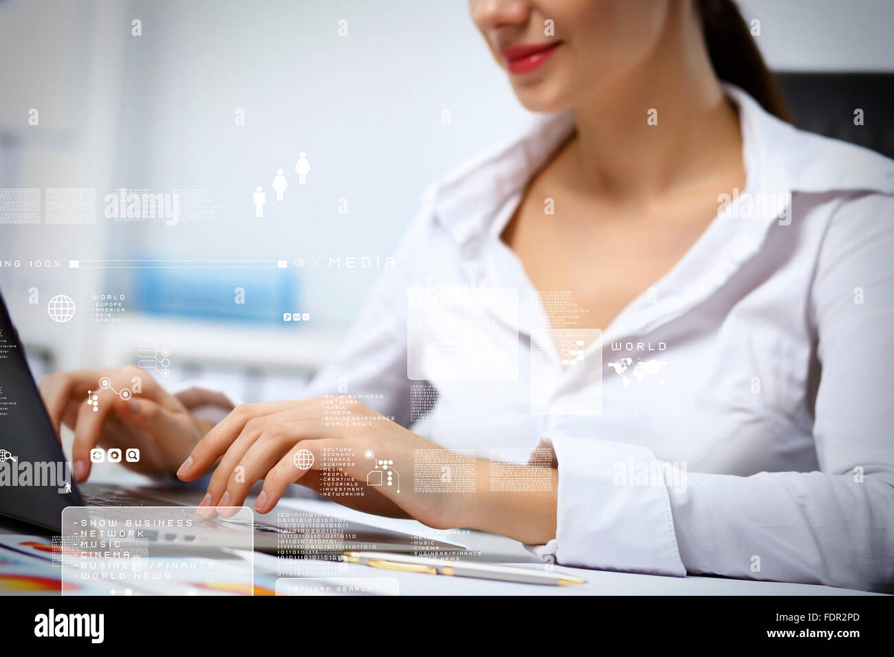 Business person working on computer against technology background Stock ...