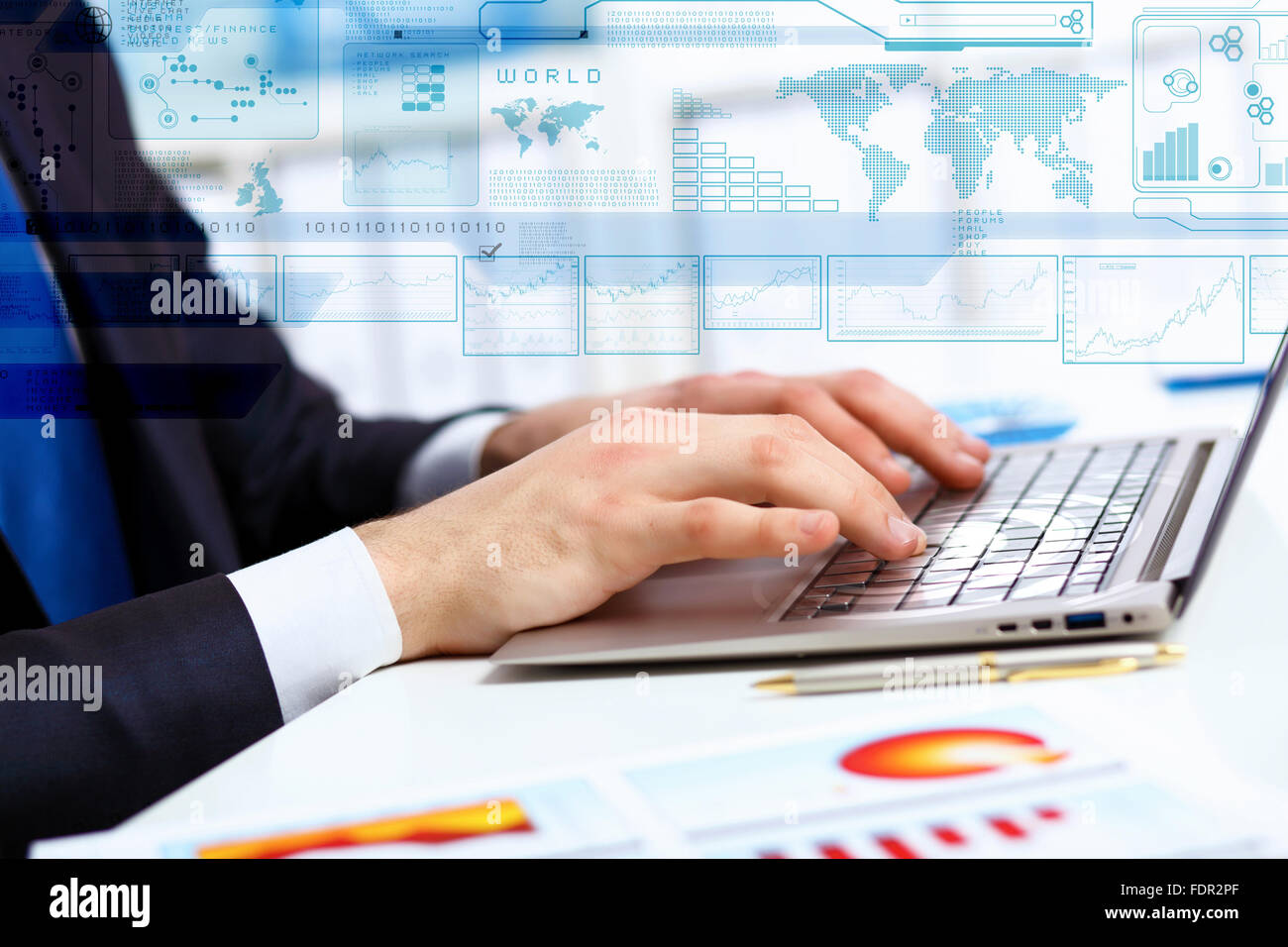 Business person working on computer against technology background Stock ...