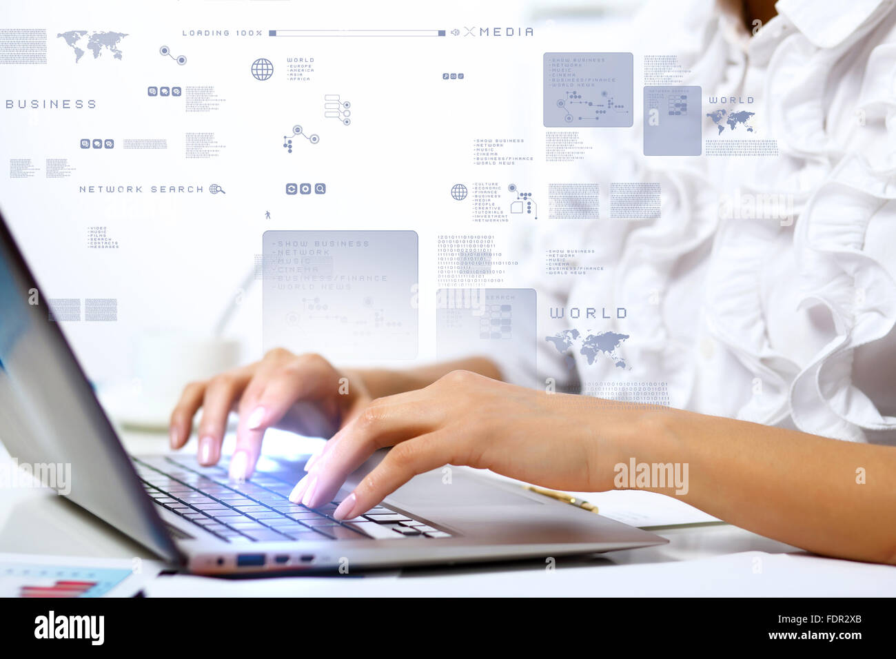 Business person working on computer against technology background Stock ...