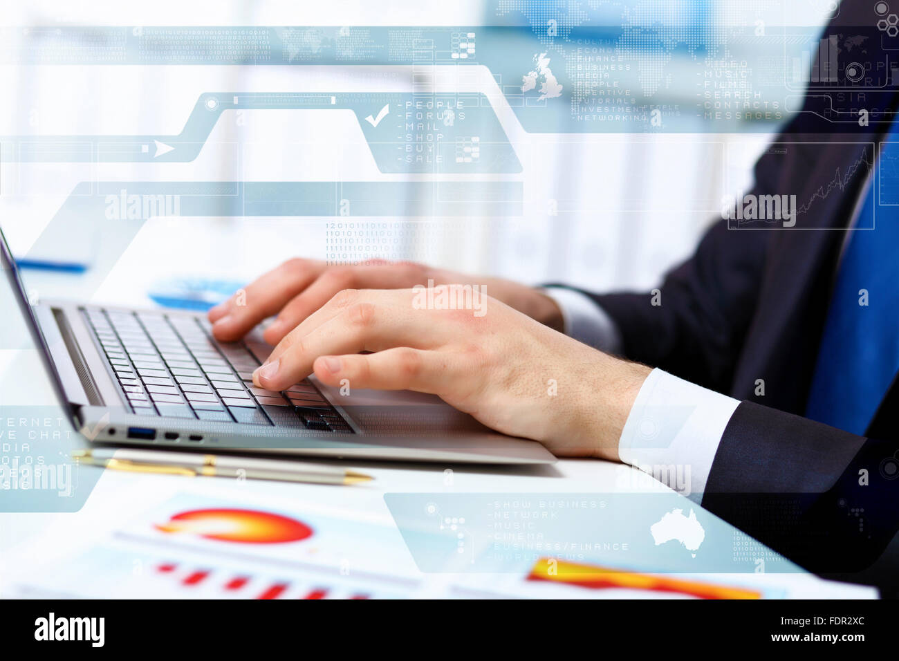 Business person working on computer against technology background Stock ...