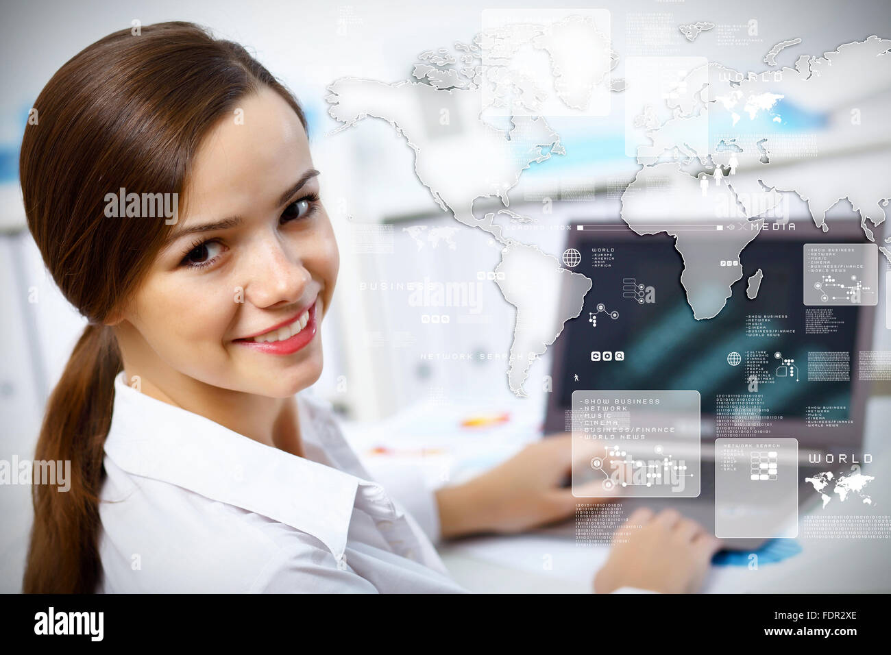 Business person working on computer against technology background Stock ...