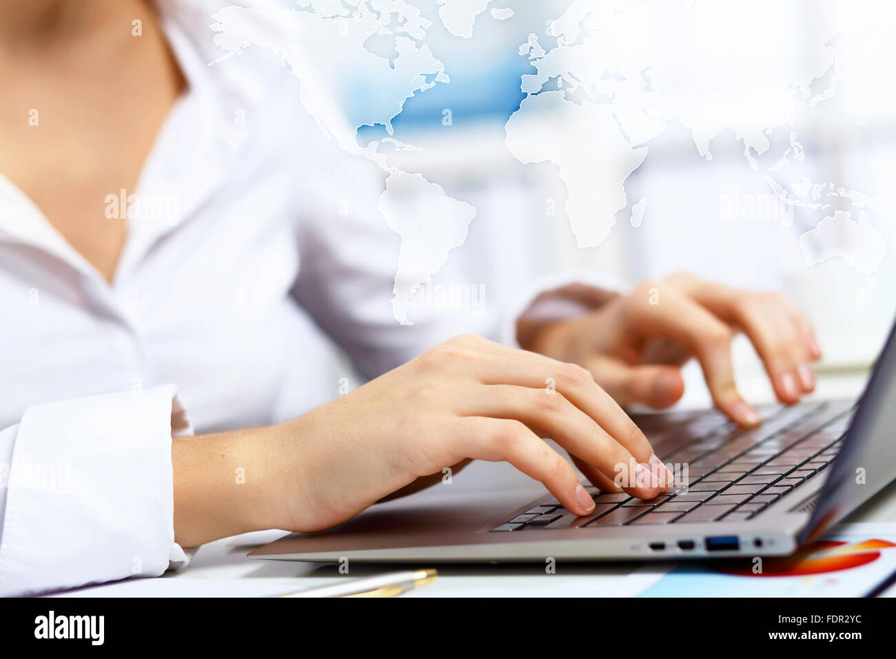 Business person working on computer against technology background Stock ...