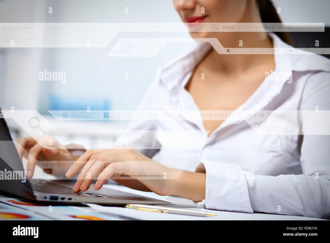 Business person working on computer against technology background Stock ...