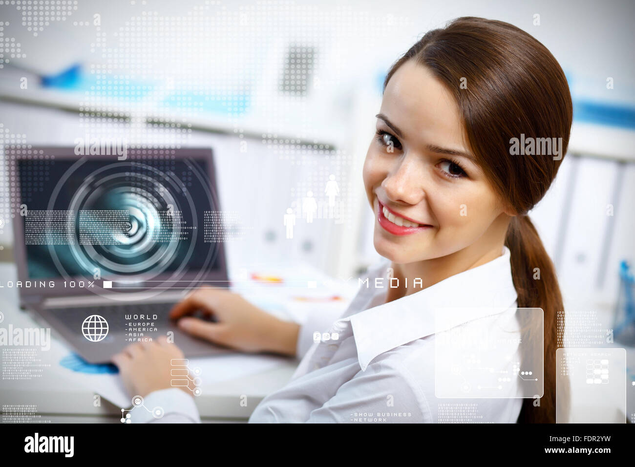Business person working on computer against technology background Stock ...