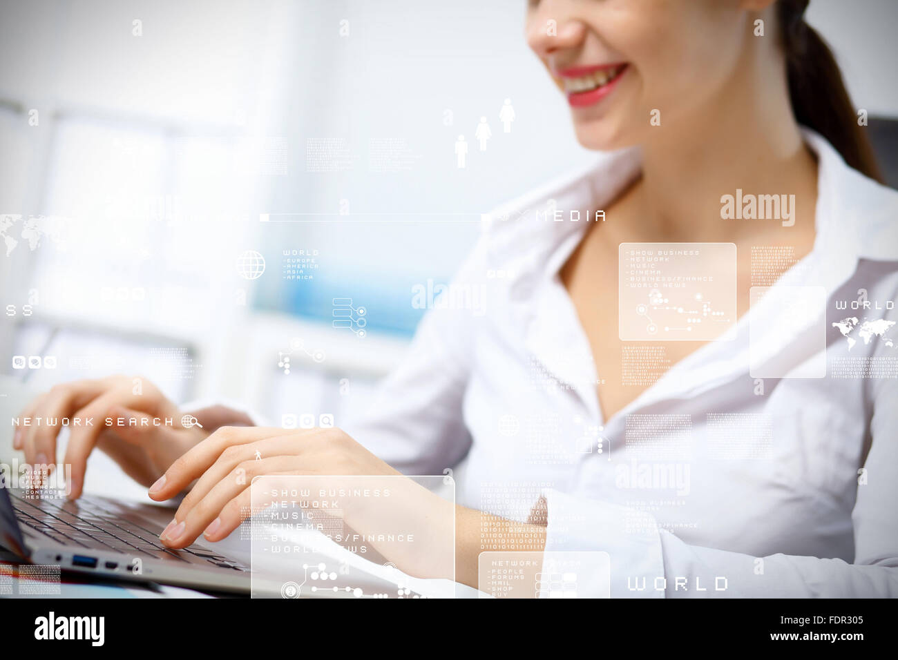Business person working on computer against technology background Stock ...