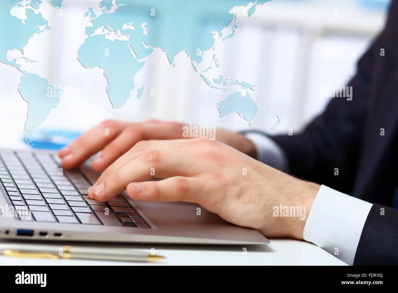 Business person working on computer against technology background Stock ...