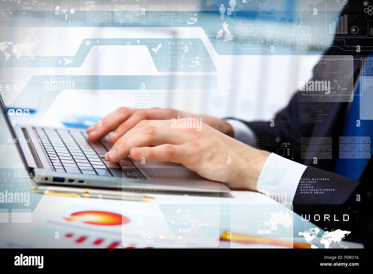 Business person working on computer against technology background Stock ...