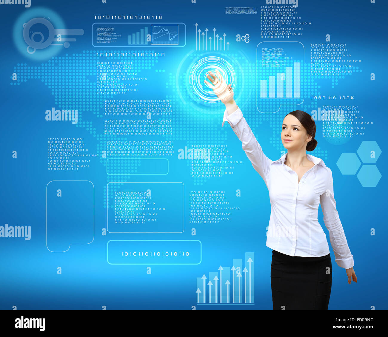 Image of a businesswoman and technology related background Stock Photo ...