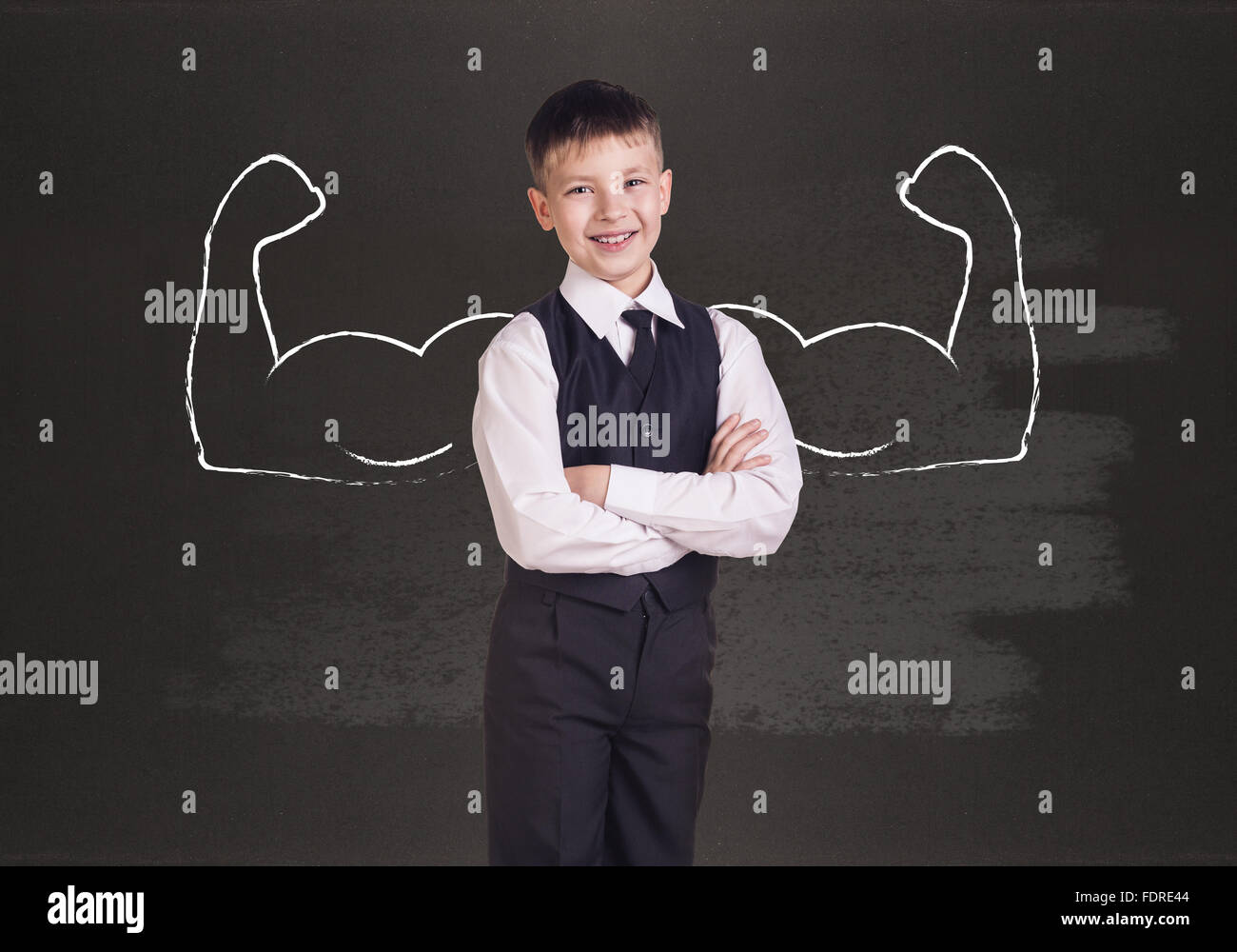 Little boy with drawn powerful hands Stock Photo - Alamy