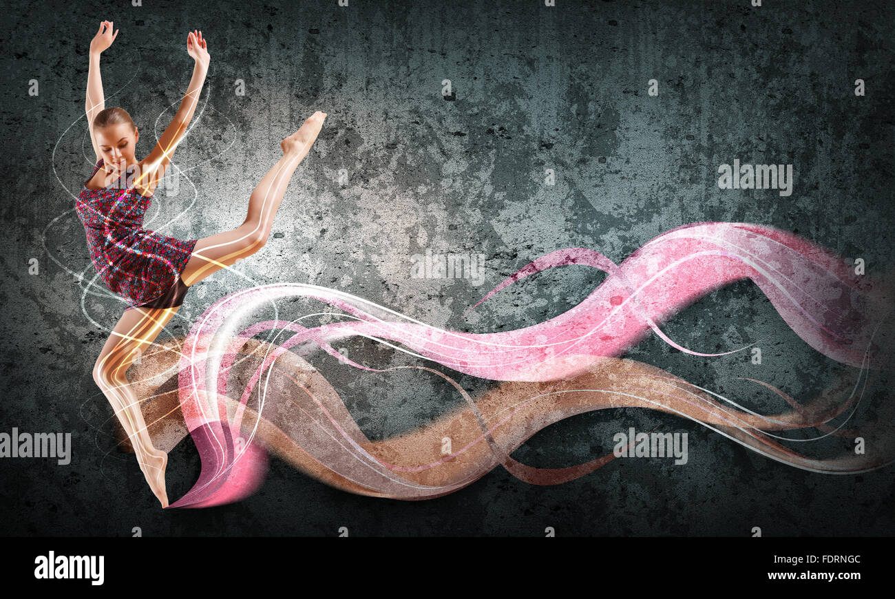 Girl dancing in a color dress with a gray background. Collage Stock ...
