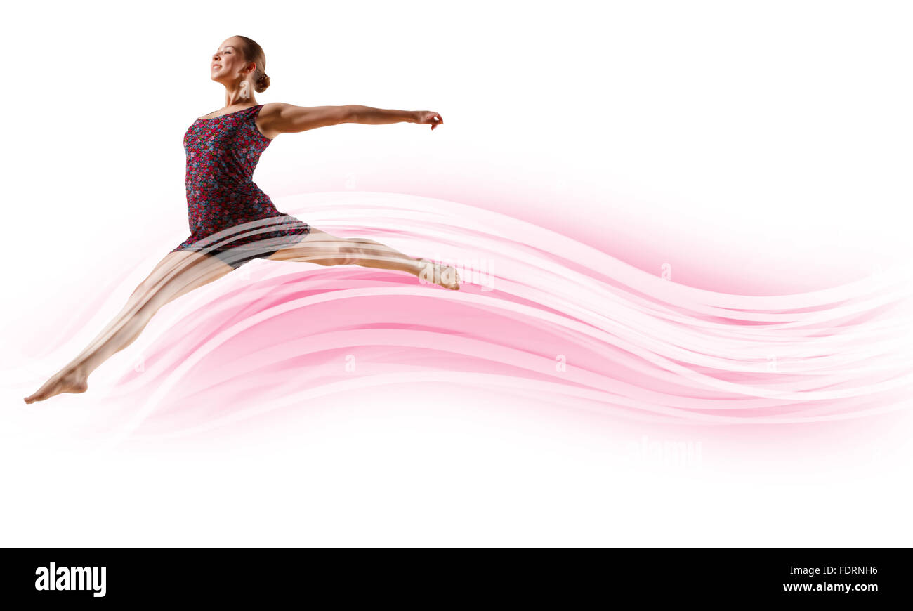 Girl dancing in a color dress with a gray background. Collage Stock ...