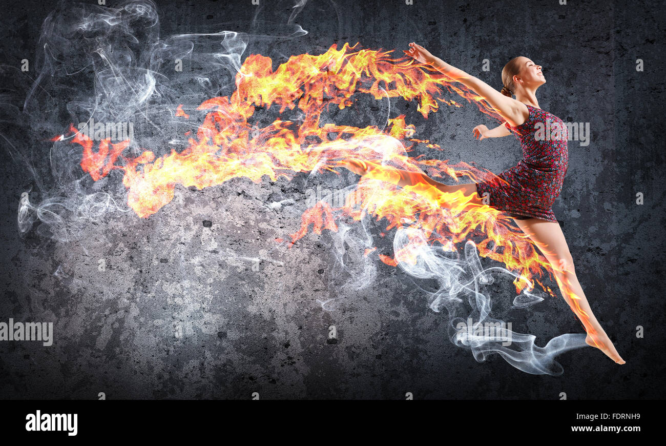 Girl dancing in a color dress with a gray background. Collage Stock ...