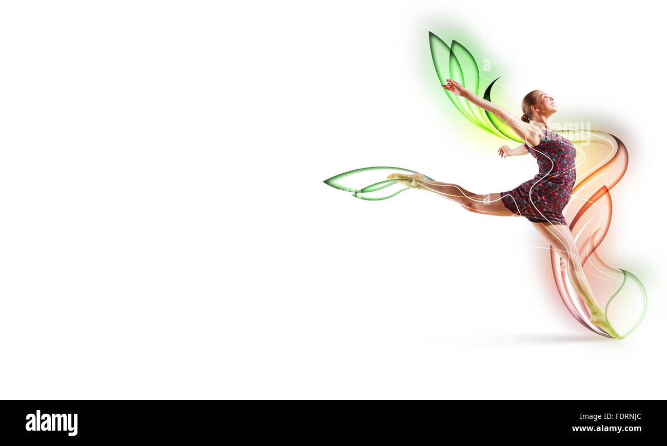 Girl dancing in a color dress with a gray background. Collage Stock ...