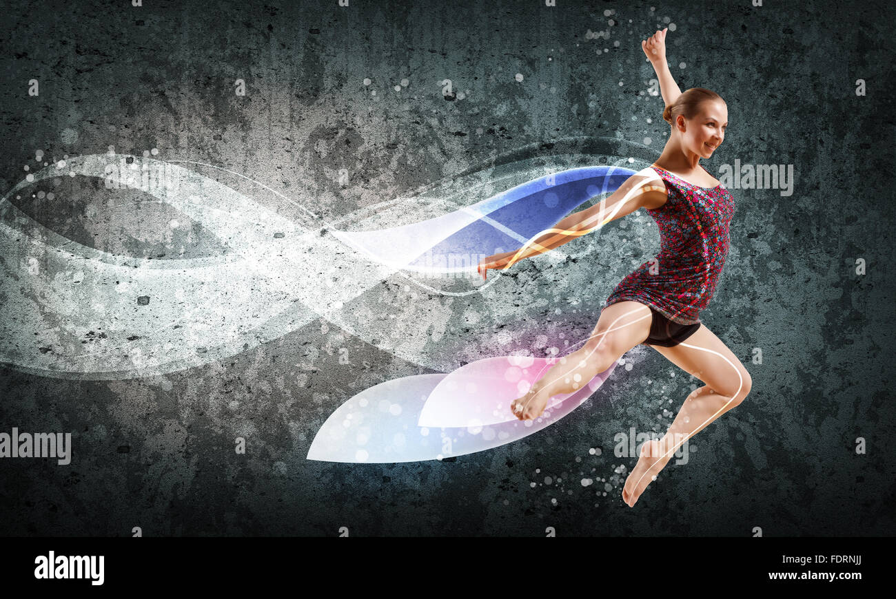 Girl dancing in a color dress with a gray background. Collage Stock ...