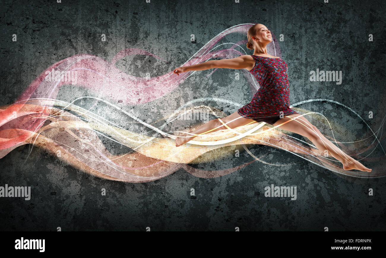 Girl dancing in a color dress with a gray background. Collage Stock ...