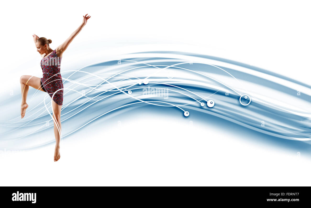 Girl dancing in a color dress with a gray background. Collage Stock ...