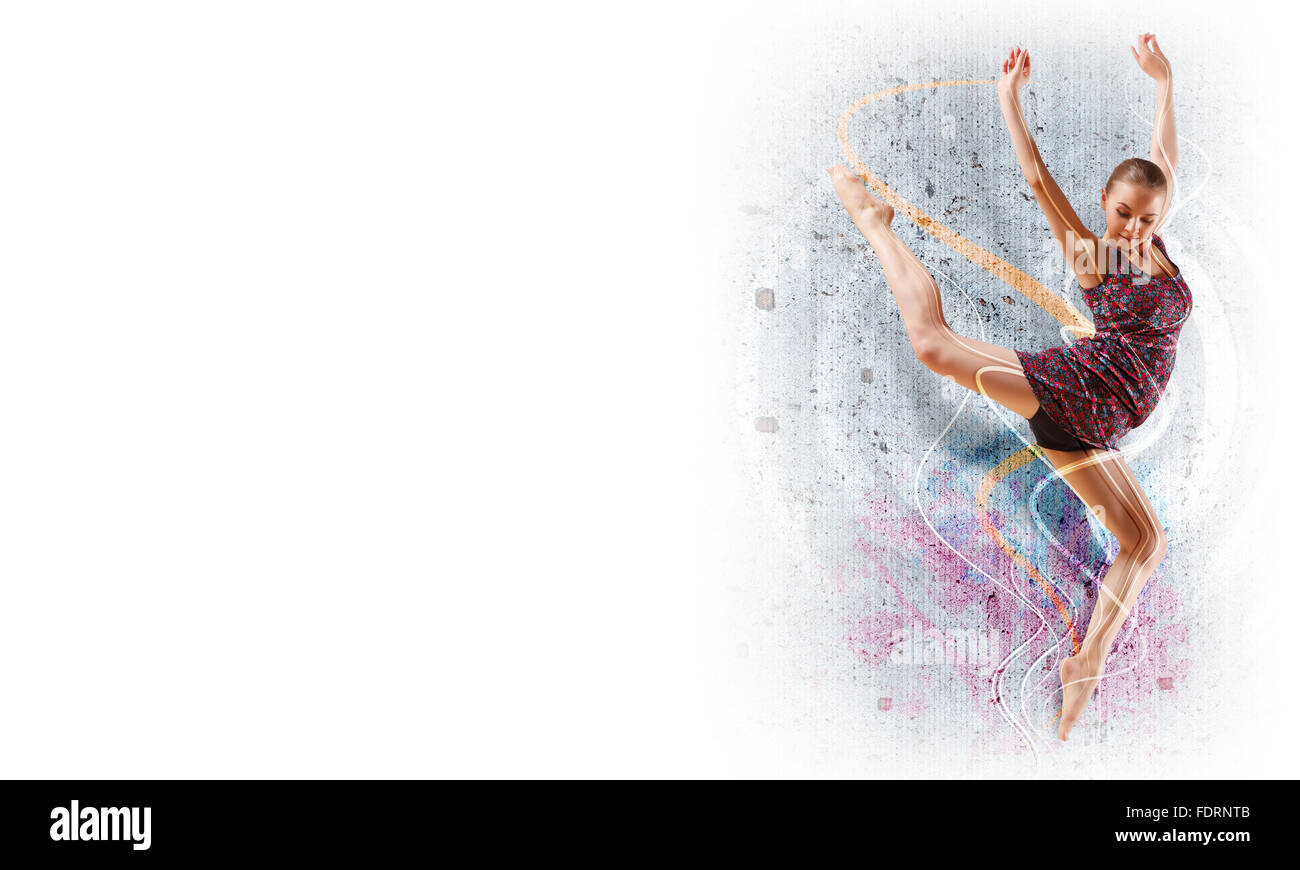 Girl dancing in a color dress with a gray background. Collage Stock ...