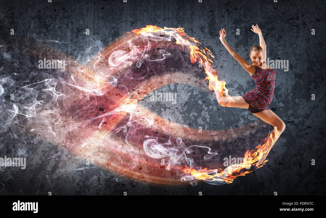 Girl dancing in a color dress with a gray background. Collage Stock ...