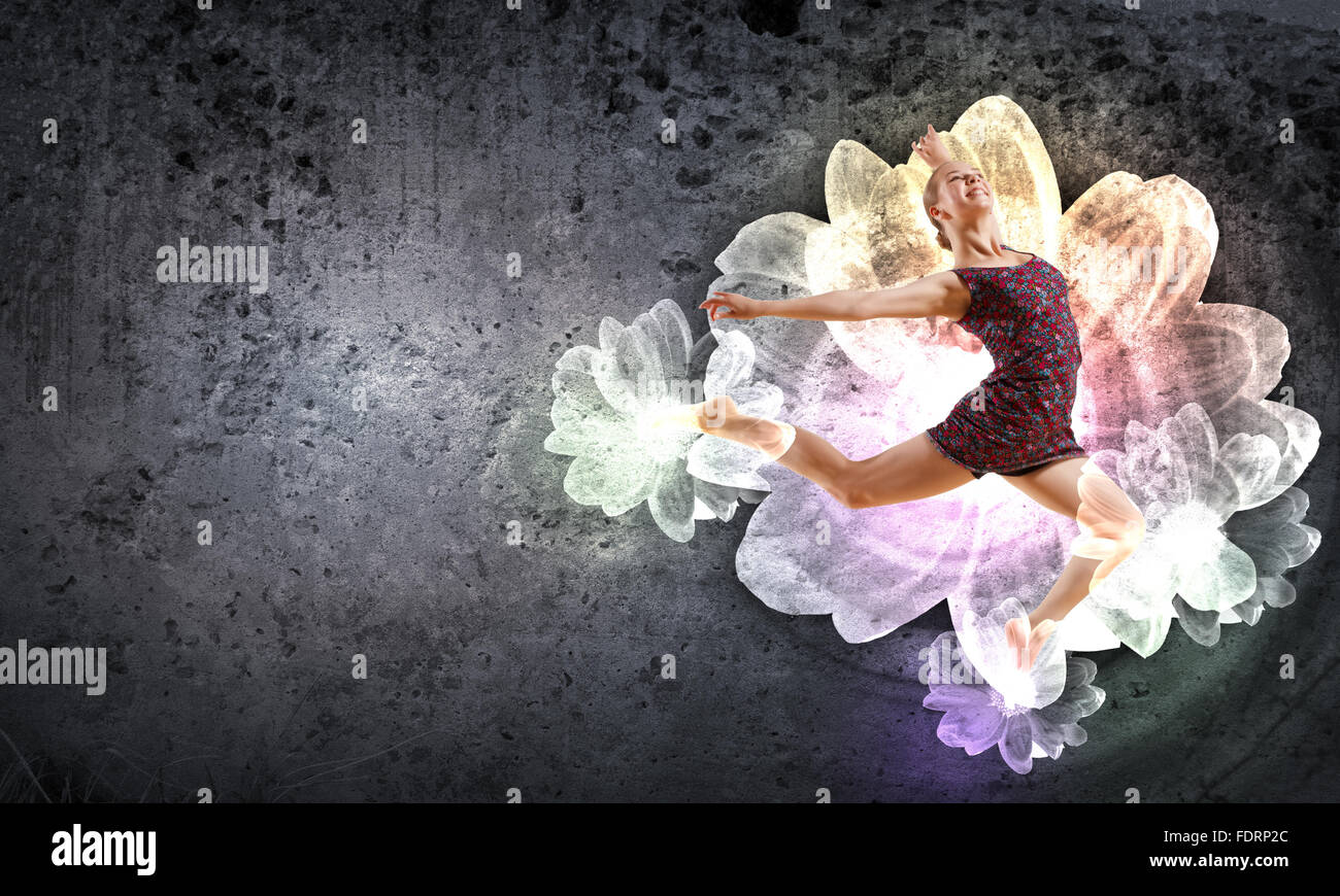 Girl dancing in a color dress with a gray background. Collage Stock ...
