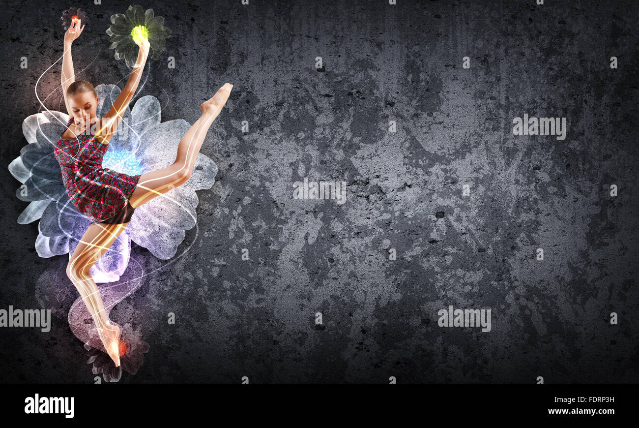 Girl dancing in a color dress with a gray background. Collage Stock ...