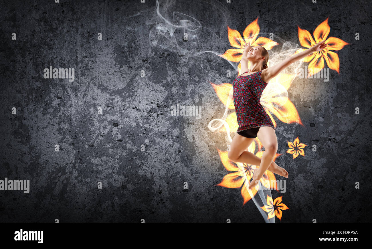 Girl dancing in a color dress with a gray background. Collage with ...