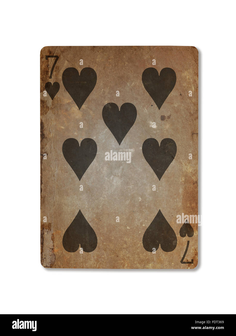 Very old playing card isolated on a white background, seven of hearts ...