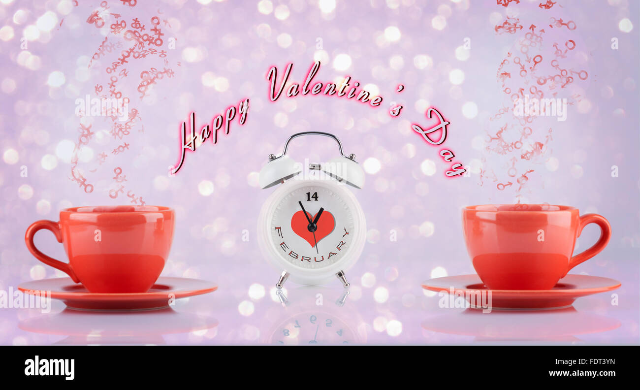 Valentines day concept with two cups, rising steam of male and female ...