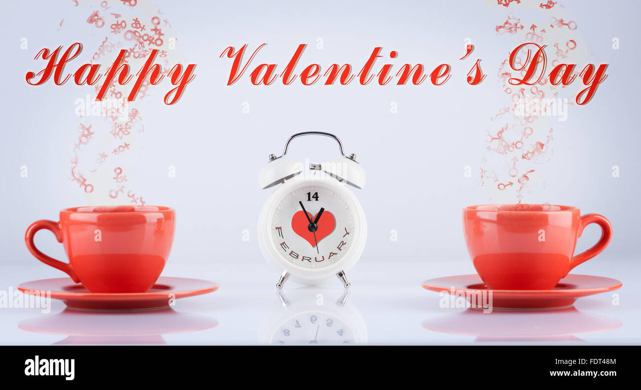 Valentines day concept with two cups, rising steam of male and female ...