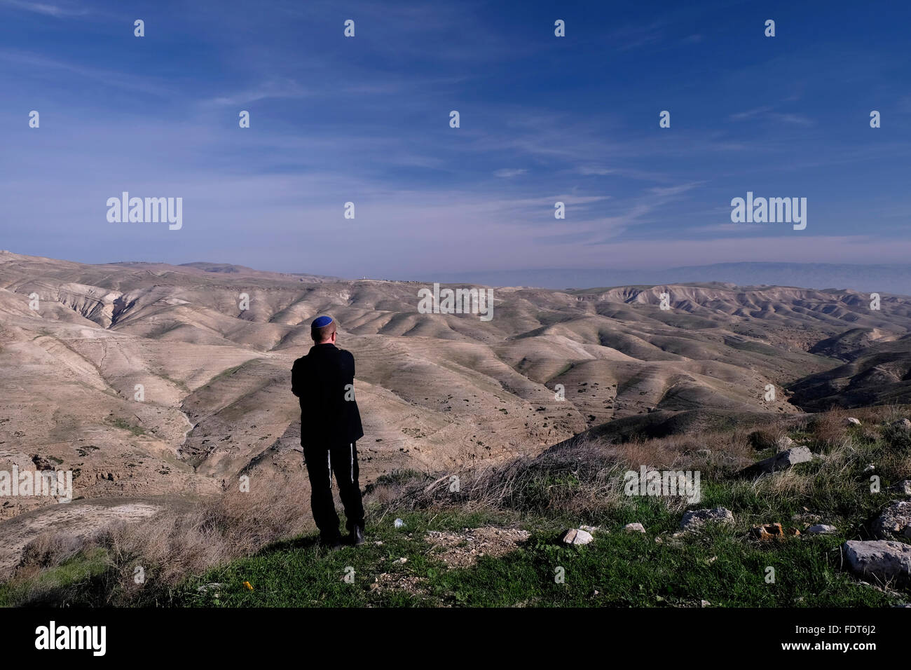A religious Jewish settler gazing at the Wadi Kelt a popular hiking ...