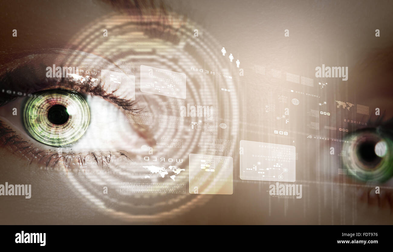 Eye viewing digital information represented by circles and signs Stock ...