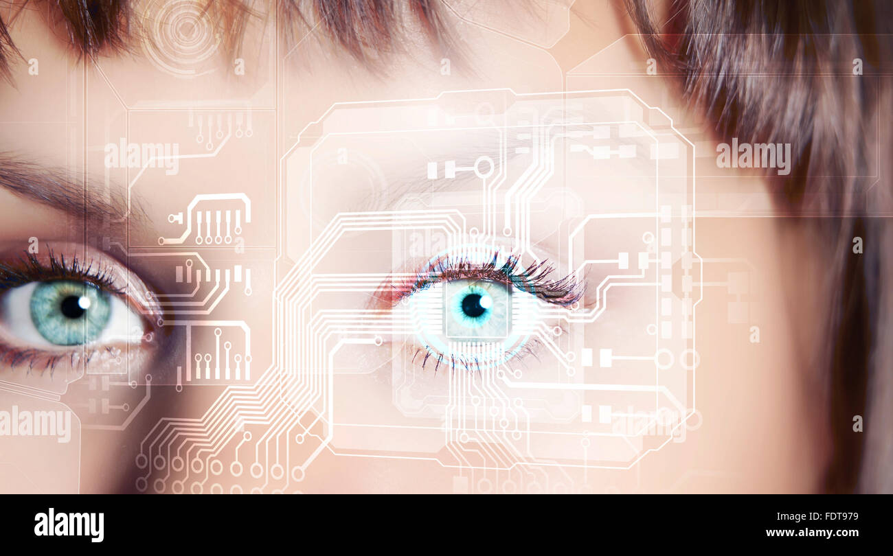 Eye viewing digital information represented by circles and signs Stock ...