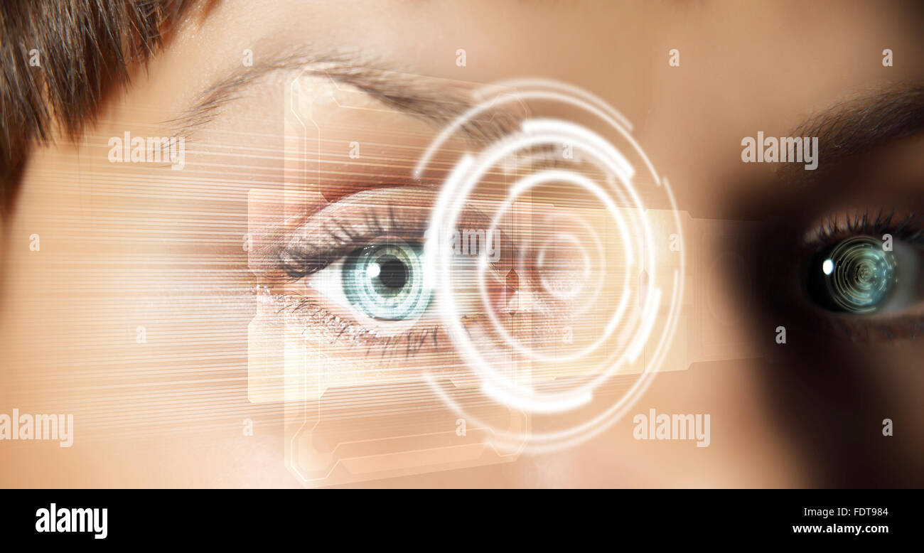 Eye viewing digital information represented by circles and signs Stock ...