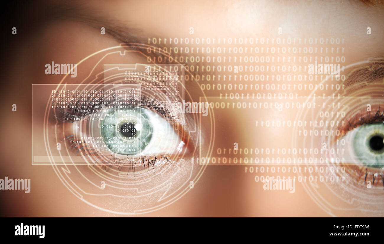 Eye viewing digital information represented by circles and signs Stock ...