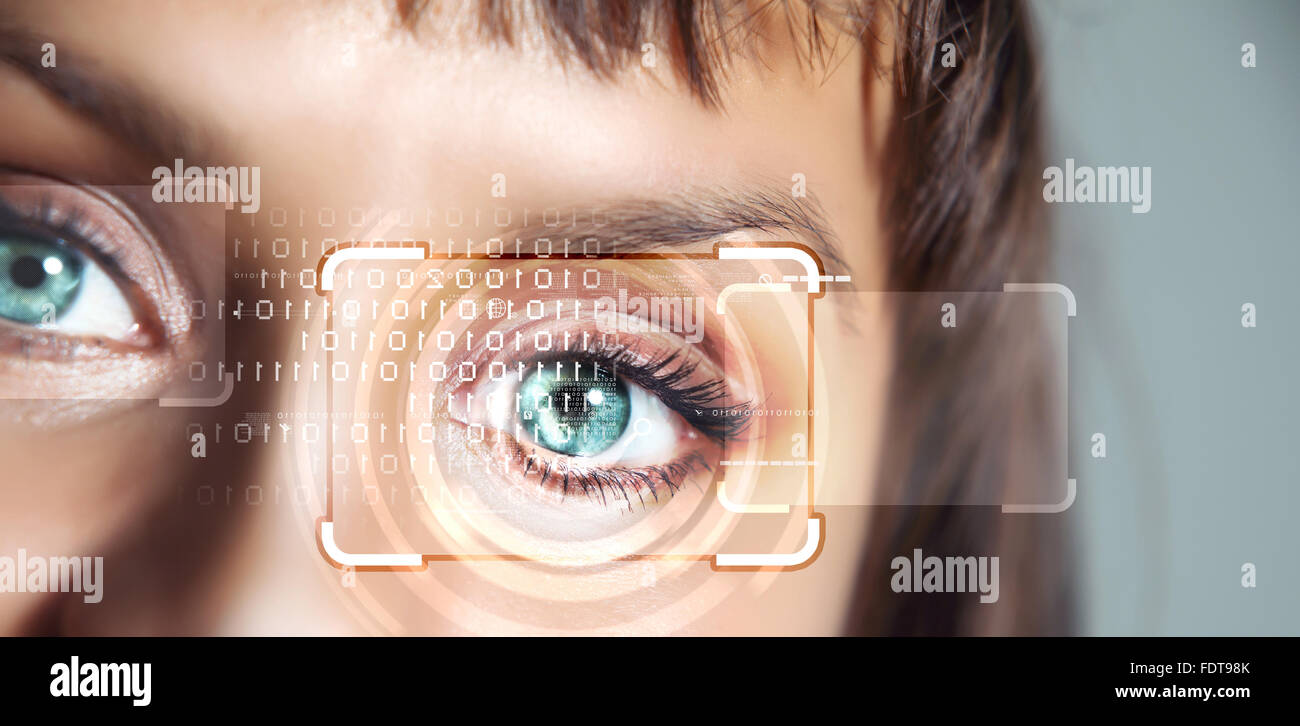 Eye viewing digital information represented by circles and signs Stock ...