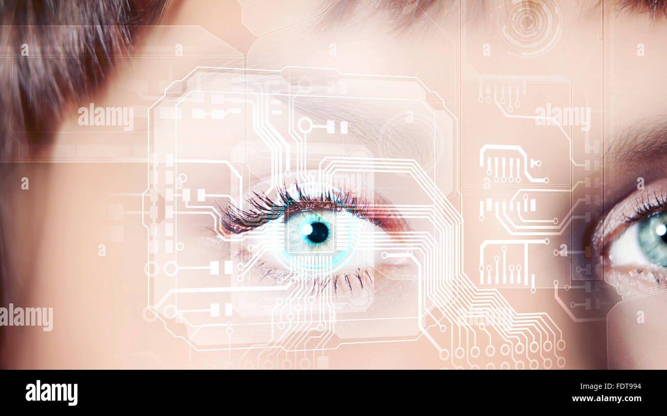 Eye viewing digital information represented by circles and signs Stock ...
