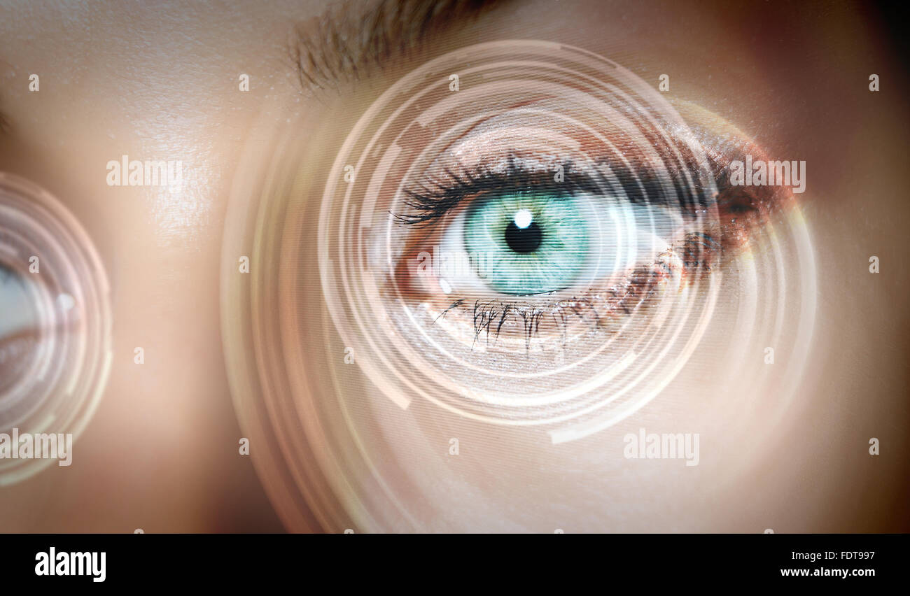 Eye viewing digital information represented by circles and signs Stock ...