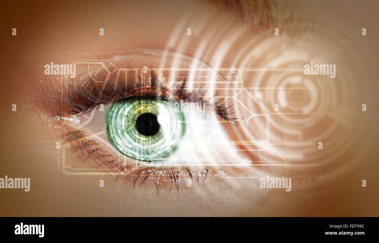 Eye viewing digital information represented by circles and signs Stock ...