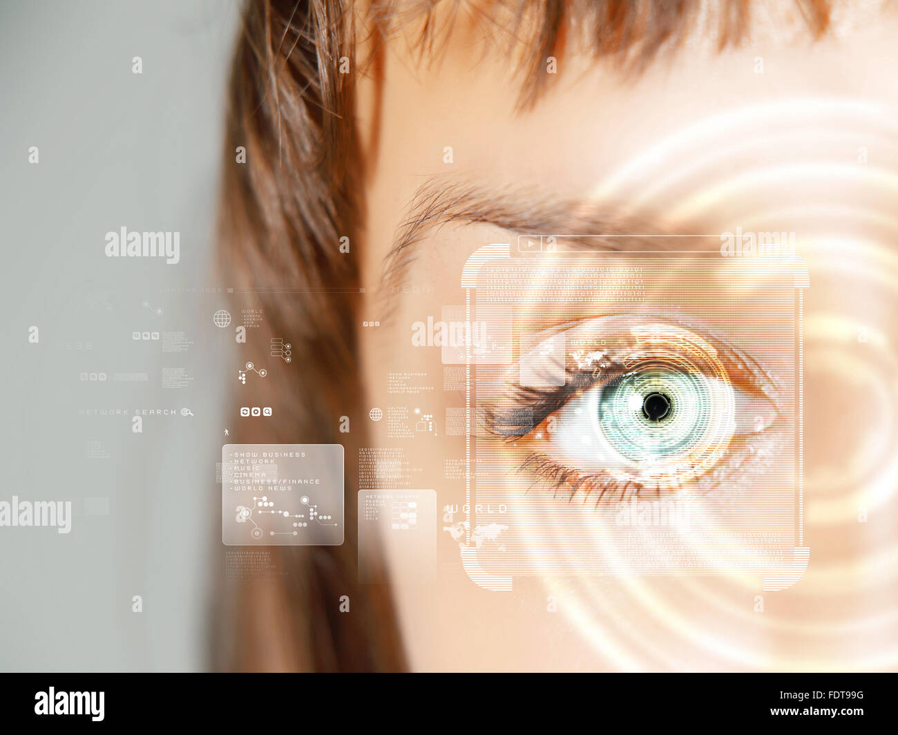 Eye viewing digital information represented by circles and signs Stock ...