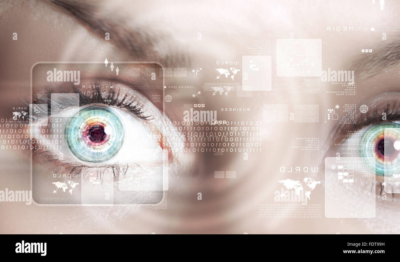 Eye viewing digital information represented by circles and signs Stock ...